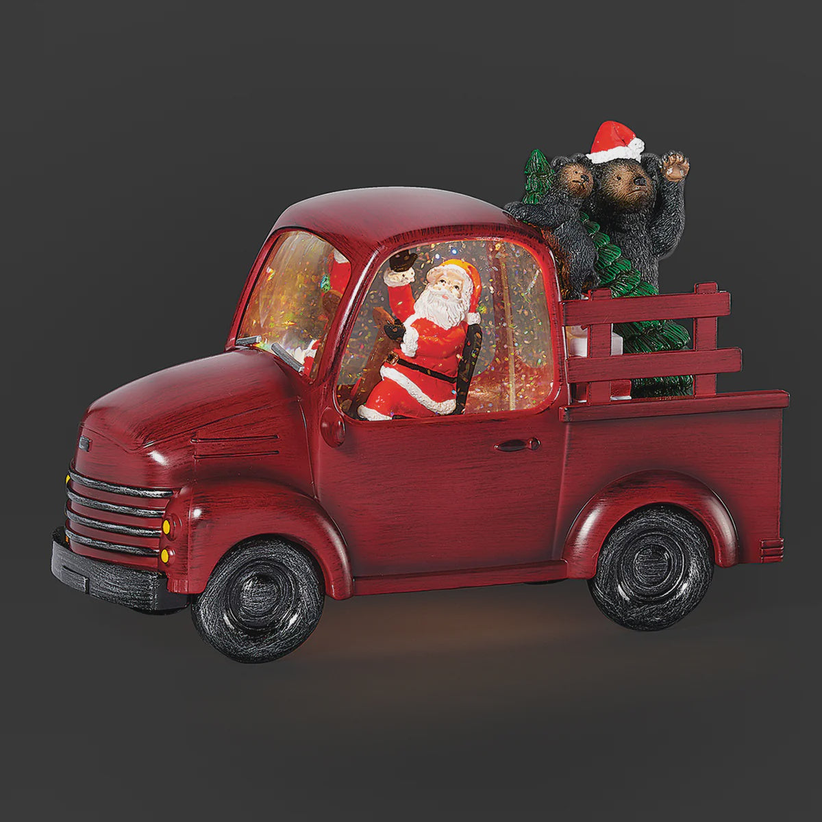 Roman Lighted Swirl Santa and Black Bear in Vintage Red Truck Confetti ...